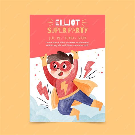 손으로 그린 수채화 슈퍼 히어로 생일 초대장 템플릿 무료 벡터