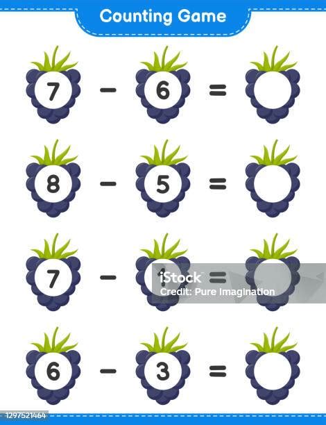 게임을 계산 블랙 베리의 수를 계산하고 결과를 작성합니다 교육 어린이 게임 인쇄 워크 시트 벡터 일러스트레이션 0명에 대한 스톡 벡터 아트 및 기타 이미지 Istock