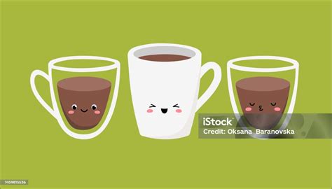 뜨거운 음료가 담긴 3 개의 컵과 안경 세트 차 커피 카푸치노 라떼 귀여운 캐릭터 벡터 그림입니다 즐거운 감정의 이미지 감정에 대한 스톡 벡터 아트 및 기타 이미지 Istock
