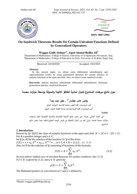 Pdf On Sandwich Theorems Results For Certain Univalent Functions Defined By Generalized
