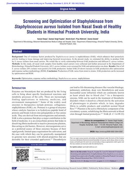Pdf Screening And Optimization Of Staphylokinase From Staphylococcus Aureus Isolated From