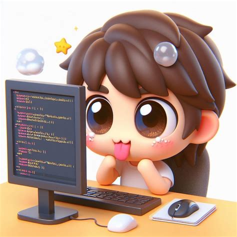 Cute 3d Style Chibi Programmer Eyes Glued To The Screen Tongue Sticking Out In Concentration