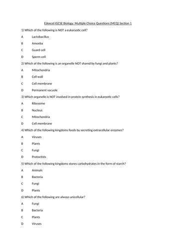 Edexcel Igcse Biology Section 1 Mcqs And Answers Teaching Resources