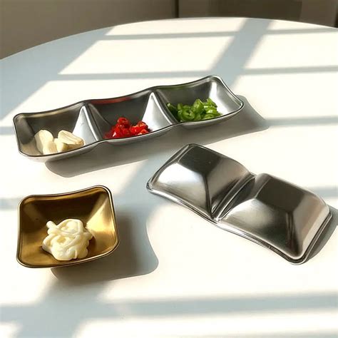 Silver Bowl 4 Pack Stainless Steel Sauce Dishes 2 Compartment Divided