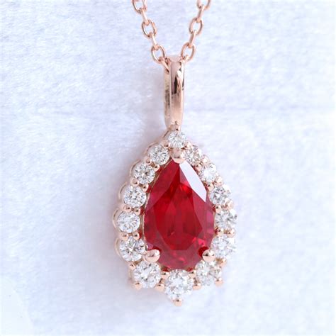 Pear Shaped Ruby Necklace Rose Gold Halo Diamond Drop Pendant Chain