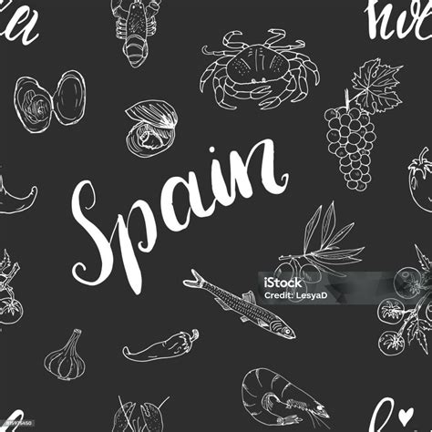스페인 원활한 패턴 낙서 요소 손으로 그린된 스케치 스페인 요리 새우 올리브 포도 플래그 및 글자 벡터 일러스트 레이 션 배경입니다 스페인 음식에 대한 스톡 벡터 아트 및