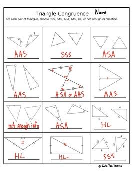 Triangle Congruence Geometry Worksheet SSS SAS ASA AAS HL TPT