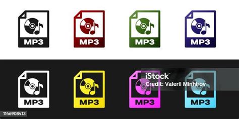 Mp3 파일 문서 아이콘을 설정 합니다 검은 색과 흰색 배경에 고립 된 Mp3 버튼 아이콘을 다운로드 합니다 Mp3 음악 형식 기호입니다 Mp3 파일 기호입니다 벡터