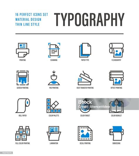 타이포그래피 폴리그래피 가는 선 아이콘 세트 인쇄 스캔 굴곡 오프셋 롤 페이퍼 컬러 팔레트 라미네이션 열 전달 인쇄 엠보싱 벡터