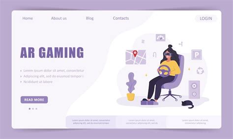 Ar 게임 랜딩 페이지 템플릿 메타버스에서 자동차 운전을 배우는 Vr 안경을 쓴 여성 프리미엄 벡터