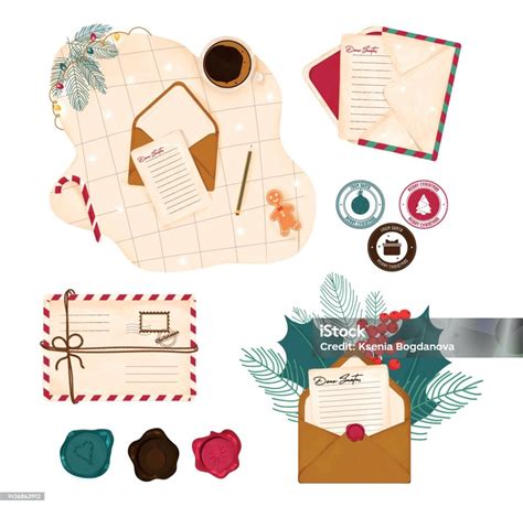 크리스마스 편지 세트입니다 산타 클로스에게 편지를 쓰는 벡터 그림입니다 봉투에 담긴 빈티지 편지와 크리스마스 배너 광고 또는 카드 디자인을 위한 밀봉 왁스 우표 및 인장이