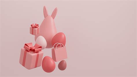 부활절 포스터와 배너 템플릿 토끼 동상과 부활절 달걀의 복사 공간 분홍색 파스텔 배경에 쇼핑백과 선물 상자가 있습니다 3d 렌더링 3차원 형태에 대한 스톡 사진 및 기타