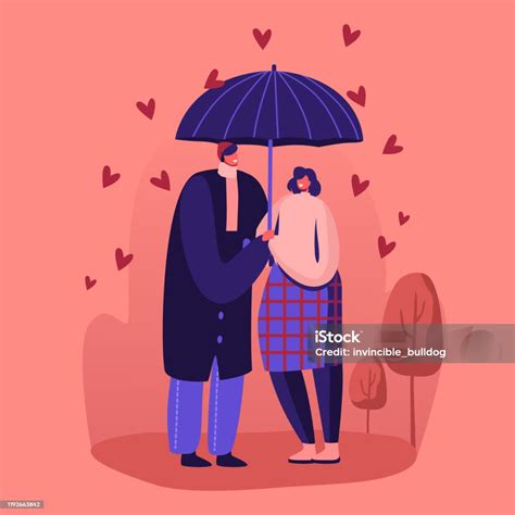 사랑하는 남자와 여자 데이트 행복한 부부 포옹 손을 잡고 비오는 가을 날씨에 우산 아래 산책 로맨틱 한 관계 가을 날 산책로 함께 사랑 만화 플랫 벡터 일러스트 거리에 대한