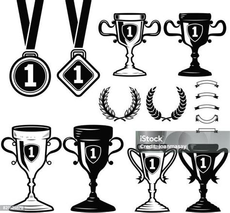 흑백 우승자 컵 메달 화 환 흰색 배경에 고립의 집합입니다 벡터 일러스트 레이 션 금속에 대한 스톡 벡터 아트 및 기타 이미지 금속 상 Championship