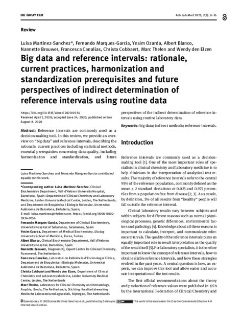 Pdf Big Data And Reference Intervals Rationale Current Practices