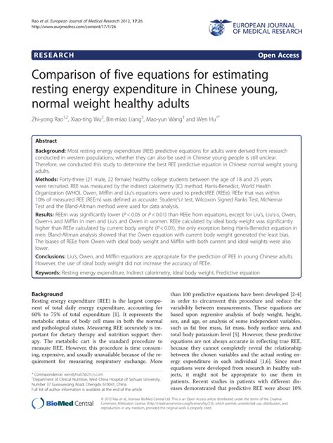 Pdf Comparison Of Five Equations For Estimating Resting Energy Expenditure In Chinese Young