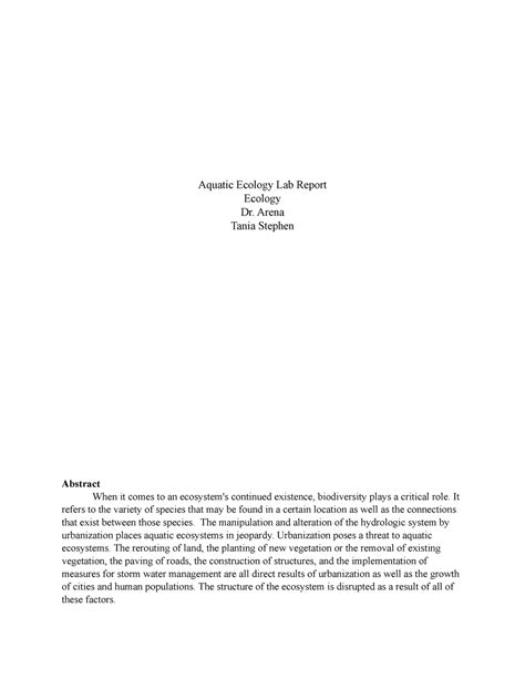Aquatic Ecology Lab Report Aquatic Ecology Lab Report Ecology Dr Arena Tania Stephen Abstract