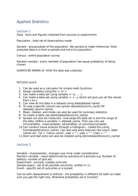 Applied Statistics Lecture Notes 1 10 Applied Statistics Lecture 1