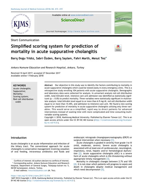 Pdf Simpliﬁed Scoring System For Prediction Ofmortality In Acute Suppurative Cholangitis