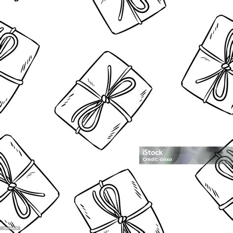 크래프트 박스는 원활한 테두리 패턴을 낙서합니다 손으로 그린 선물 상자 소박한 선물 반복 가능한 배경 타일 래핑 디자인을 위한 스톡 일러스트의 아늑한 템플릿 공예에 대한