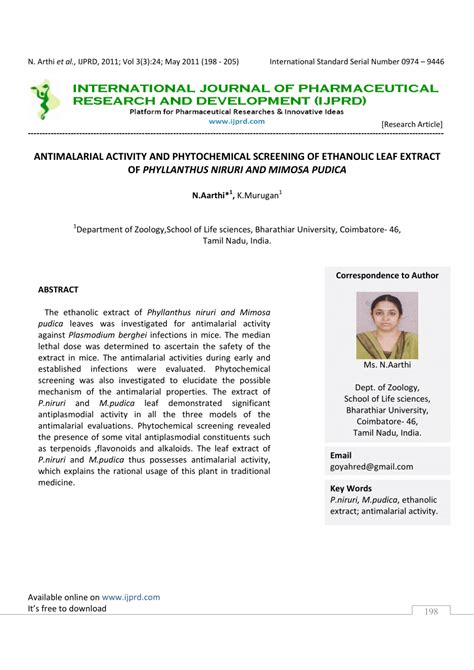 Pdf Antimalarial Activity And Phytochemical Screening Of Ethanolic