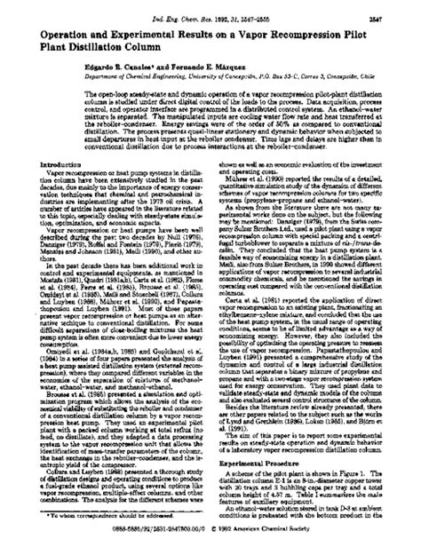 Pdf Operation And Experimental Results On A Vapor Recompression Pilot Plant Distillation Column