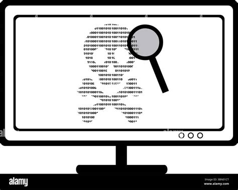 Vector Illustration Black And White Icon Of Magnifying Glass Object Computer Monitor And Skull