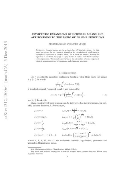 Pdf Asymptotic Expansions Of Integral Means And Applications To The Ratio Of Gamma Functions
