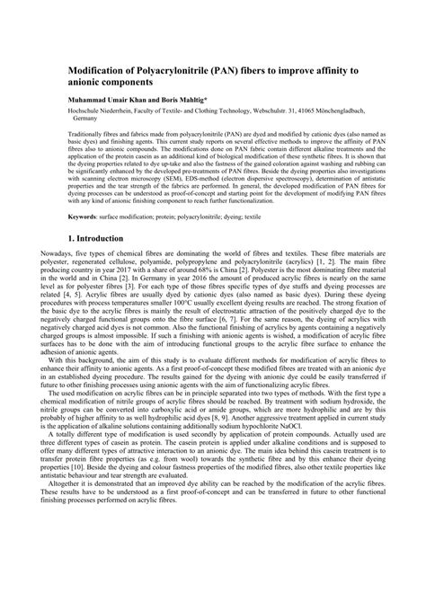 Pdf Modification Of Polyacrylonitrile Pan Fibers To Improve Affinity To Anionic Components