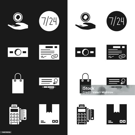 보증서 템플릿 지폐 현금 동전을 들고 있는 손 시계 24시간 쇼핑백 은행 수표 펜 교통 기호가 있는 골판지 상자 및 Pos 단말기 신용 카드 아이콘을 설정합니다 벡터 24에