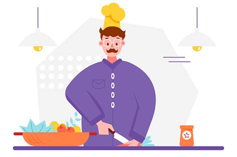 균일 한 벡터 일러스트를 착용한 셰프 요리사 슬라이스 야채 샐러드 요리 수업의 개념 맛있고 건강한 음식의 준비 벡터 그림입니다 개념에 대한 스톡 벡터 아트 및 기타 이미지