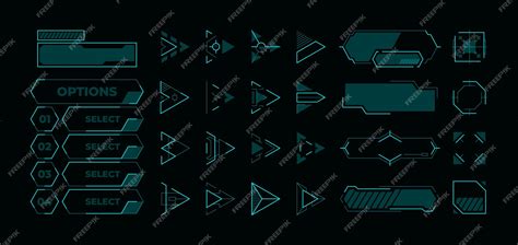 미래 메뉴 요소 Hud 버튼 프레임 시작 화면 게임 또는 응용 프로그램 네온 Ui 자산 벡터 격리 세트에 대한 화살표 및 커서 프리미엄 벡터