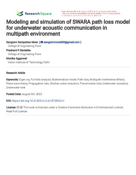 Pdf Modeling And Simulation Of Swara Path Loss Model For Underwater Acoustic Communication In