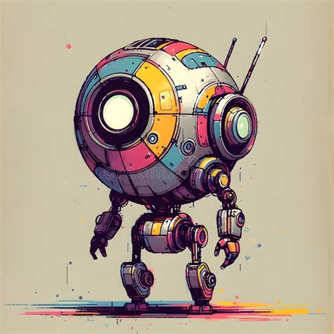 Minimalist Painting Of Sci Fi Cute Robot Pen And Ink Sketch Stock Illustration Illustration
