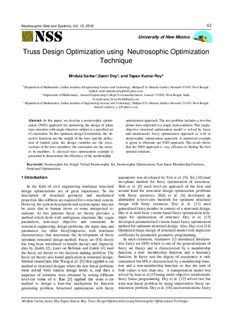 Pdf Truss Design Optimization Using Neutrosophic Optimization
