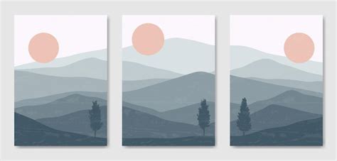 세 가지 미적 중간 세기 현대 풍경 현대 Boho 포스터 템플릿 세트 프리미엄 벡터