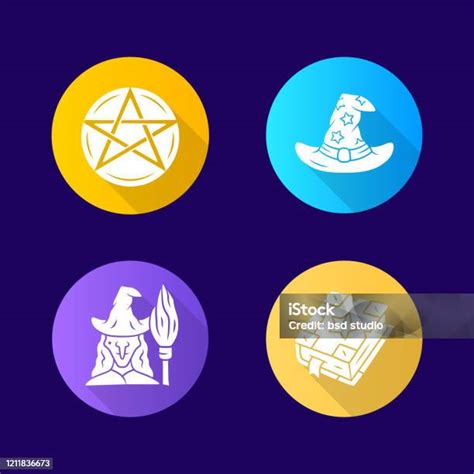 매직 플랫 디자인 긴 그림자 문표 아이콘 세트 펜타그람 마법사 모자 마녀 마법 책 마법 신비한 의식 아이템 미스터리 개체입니다 벡터 실루엣 일러스트레이션 개념에 대한 스톡