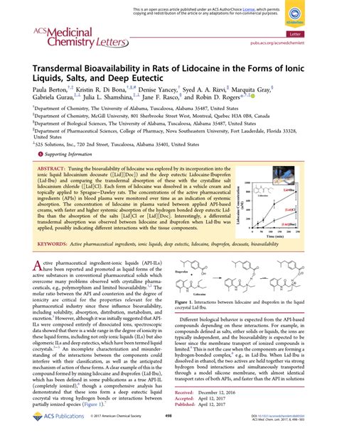 Pdf Transdermal Bioavailability In Rats Of Lidocaine In The Forms Of Ionic Liquids Salts And