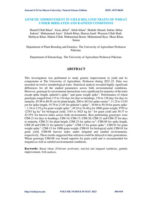Pdf Genetic Improvement In Yield Related Traits Of Wheat Under Irrigated And Rainfed Conditions