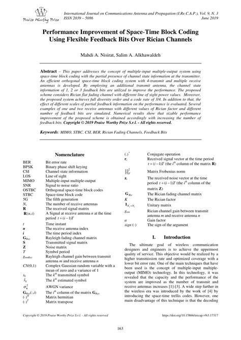 Pdf Performance Improvement Of Space Time Block Coding Using Flexible Feedback Bits Over