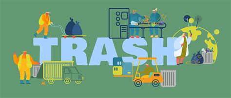 쓰레기 재활용 개념 사람들은 쓰레기 분리를 위해 폐기물 재활용 공장에서 일하고 환경 오염을 줄입니다 생태 보호 포스터 배너 전단지 브로셔 만화 플랫 벡터 일러스트 가방에