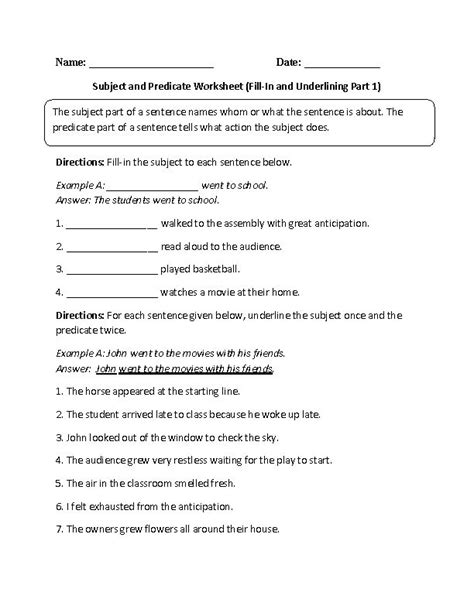 Subject And Predicate Worksheet Fill In And Underlining Subject And