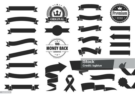 검은 색 리본 세트 배너 배지 라벨 흰색 배경의 디자인 요소 1위에 대한 스톡 벡터 아트 및 기타 이미지 1위 개체 그룹 검은색 Istock