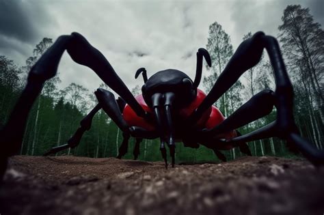 Premium Ai Image A Bug With A Red Face Is In The Foreground And The Sky Is Dark And Cloudy