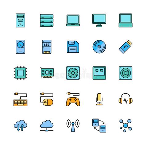 Set Of Computer Components Color Line Icons Server Laptop Monitor And More Stock Vector