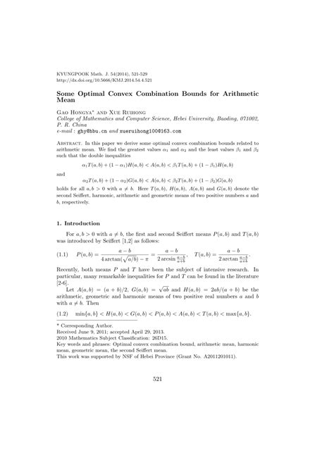 Pdf Some Optimal Convex Combination Bounds For Arithmetic Mean