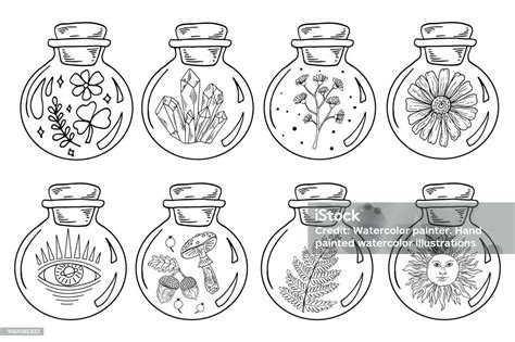 요술 상징으로 설정된 원형 항아리 꽃 크리스탈 양치류 태양 나뭇잎 병 라인 아트 블랙 개요 마법 벡터 그림입니다 꽃 식물에 대한 스톡 벡터 아트 및 기타 이미지 Istock