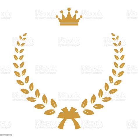 왕관 아이콘 벡터 삽화가 있는 노란색 월계관 나뭇잎과 왕관 실루엣 트로피 금상 증서 또는 흰색으로 분리된 의식에 대한 생일 축하