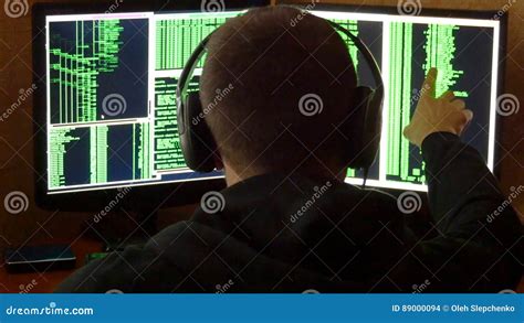 Hacker Is Looked To Binary Code Criminal Hacker Penetrating Network System From His Dark Hacker