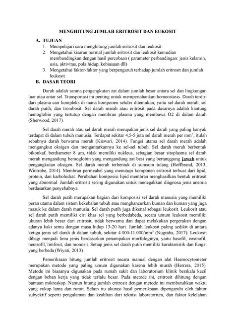 Praktikum Menghitung Jumlah Eritrosit Dan Leukosit MENGHITUNG JUMLAH ERITROSIT DAN EUKOSIT A